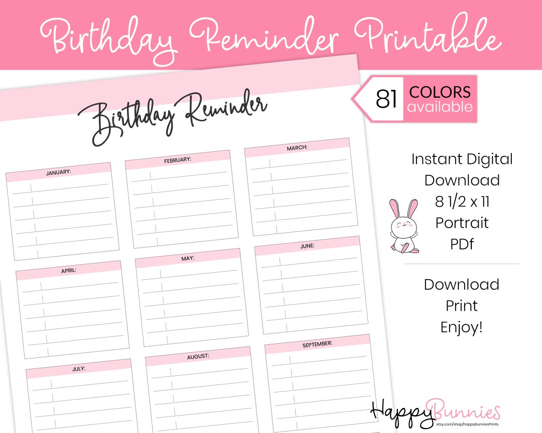 Birthday Reminder Printable Birthday Tracker Printable - Etsy