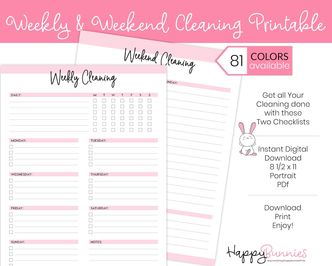 Cleaning Checklist Printable, Weekly Cleaning Checklist, Weekend ...