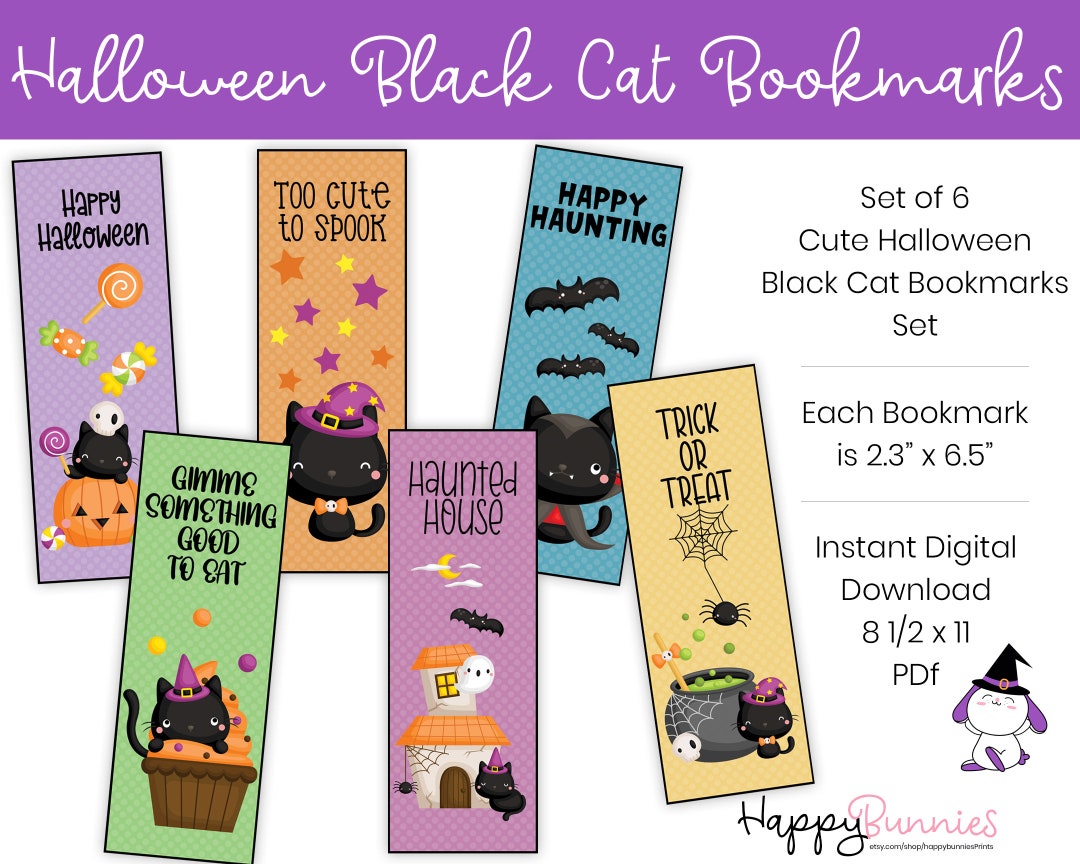 Printable Halloween Black Cat Bookmarks, Set of 6, Printable Halloween ...