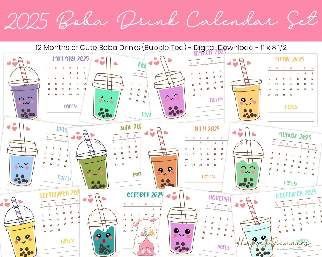 2025 Printable Boba Drink Calendar, 2025 Printable Boba Calendar, 2025 ...