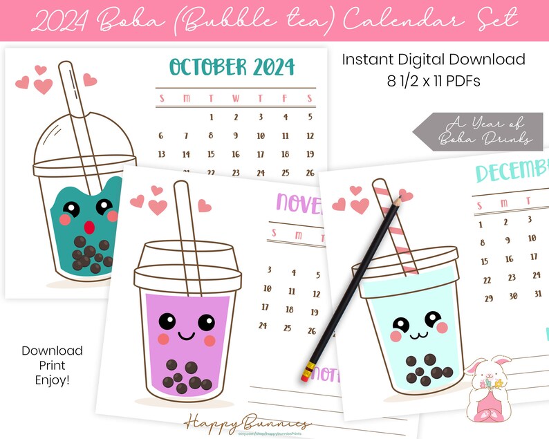 2024 Printable Boba Drink Calendar, 2024 Printable Boba Calendar, 2024 ...
