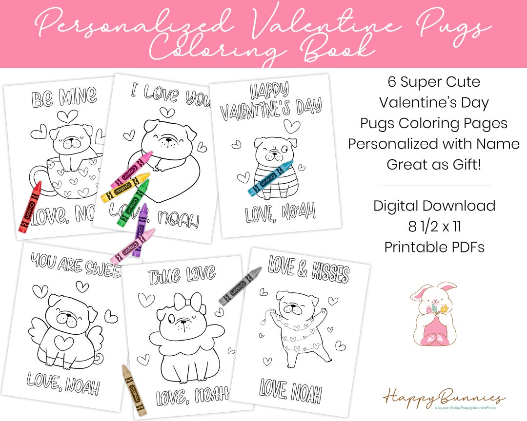 Personalized Valentines Day Pug Coloring Book, Printable Valentines Day ...
