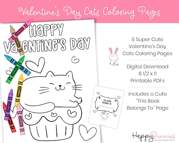 Valentines Day Cat Coloring Pages Set of 6 Printable | Etsy