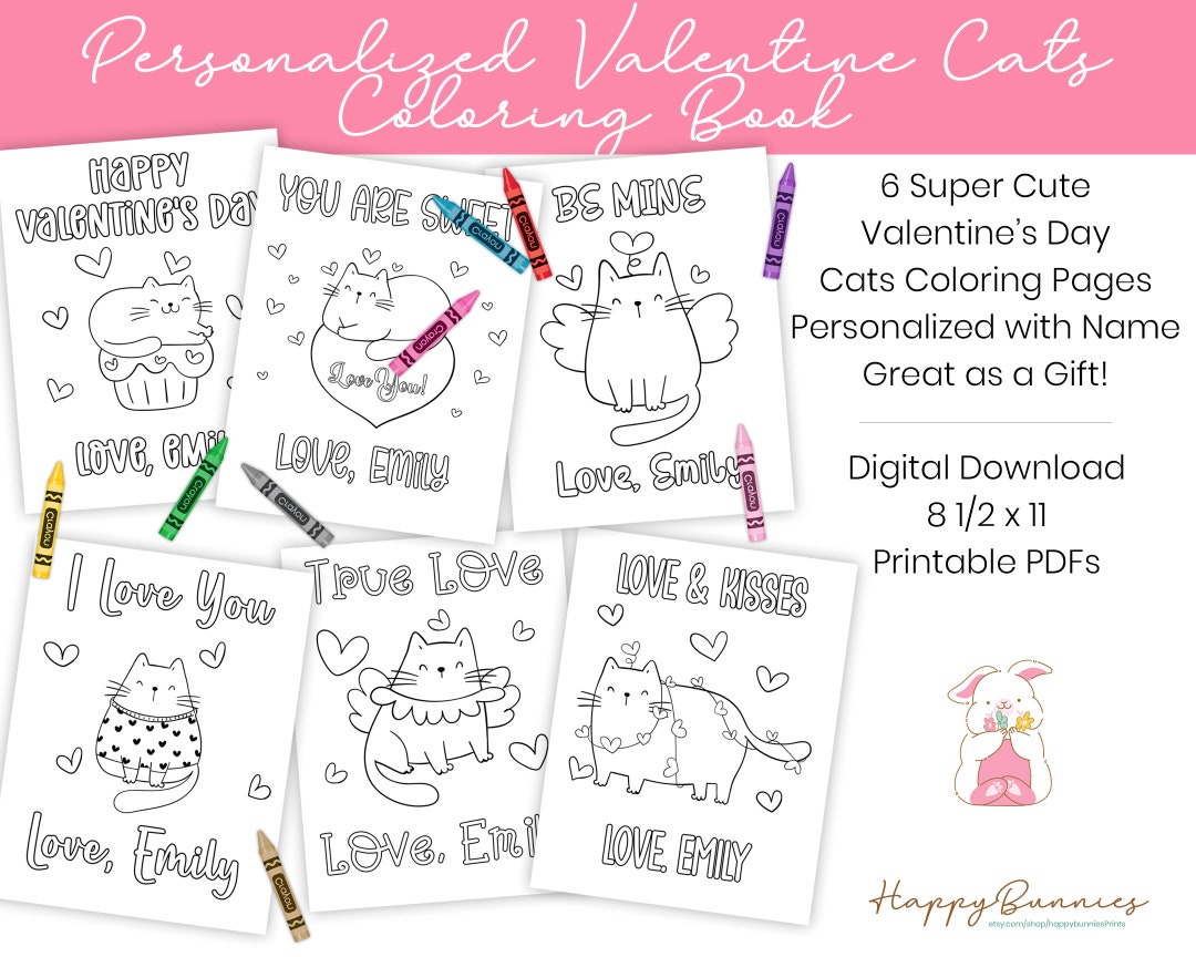 Personalized Valentines Day Cat Coloring Book, Printable Valentines Day ...