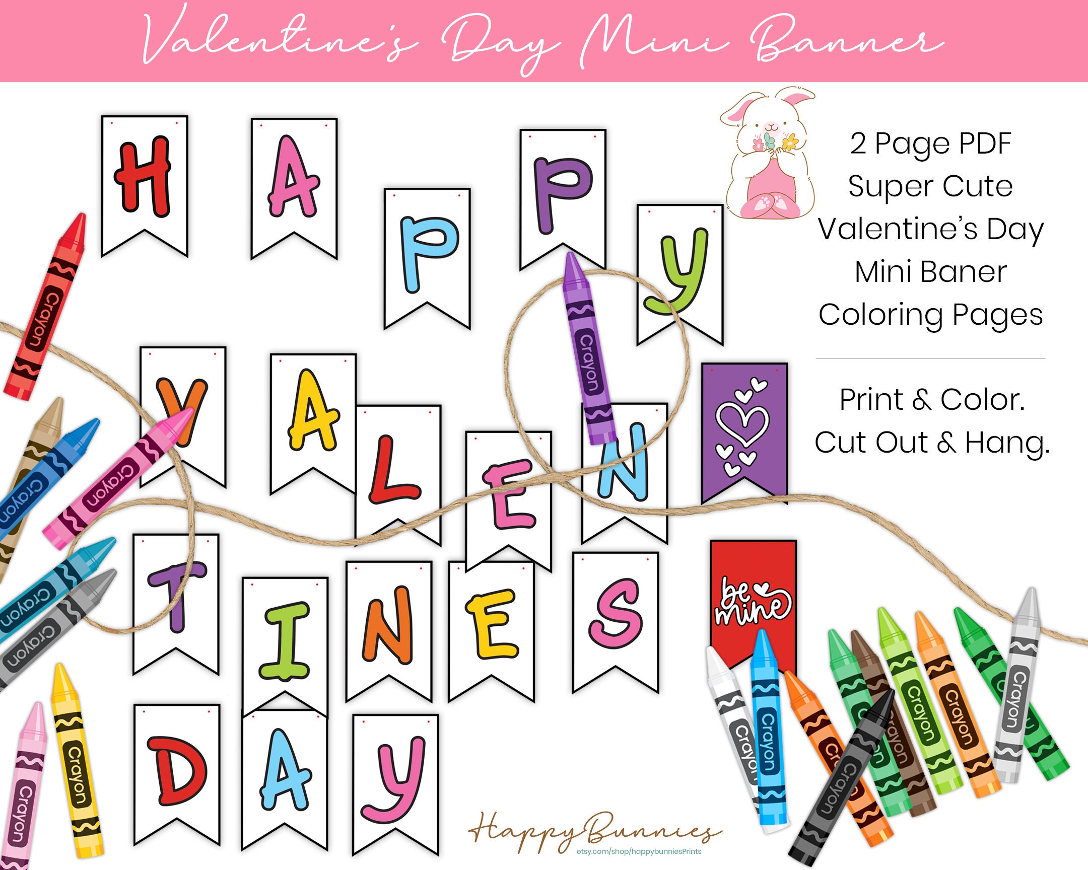 Valentine's Day Mini Banner Coloring Pages, Printable Valentine's Day ...