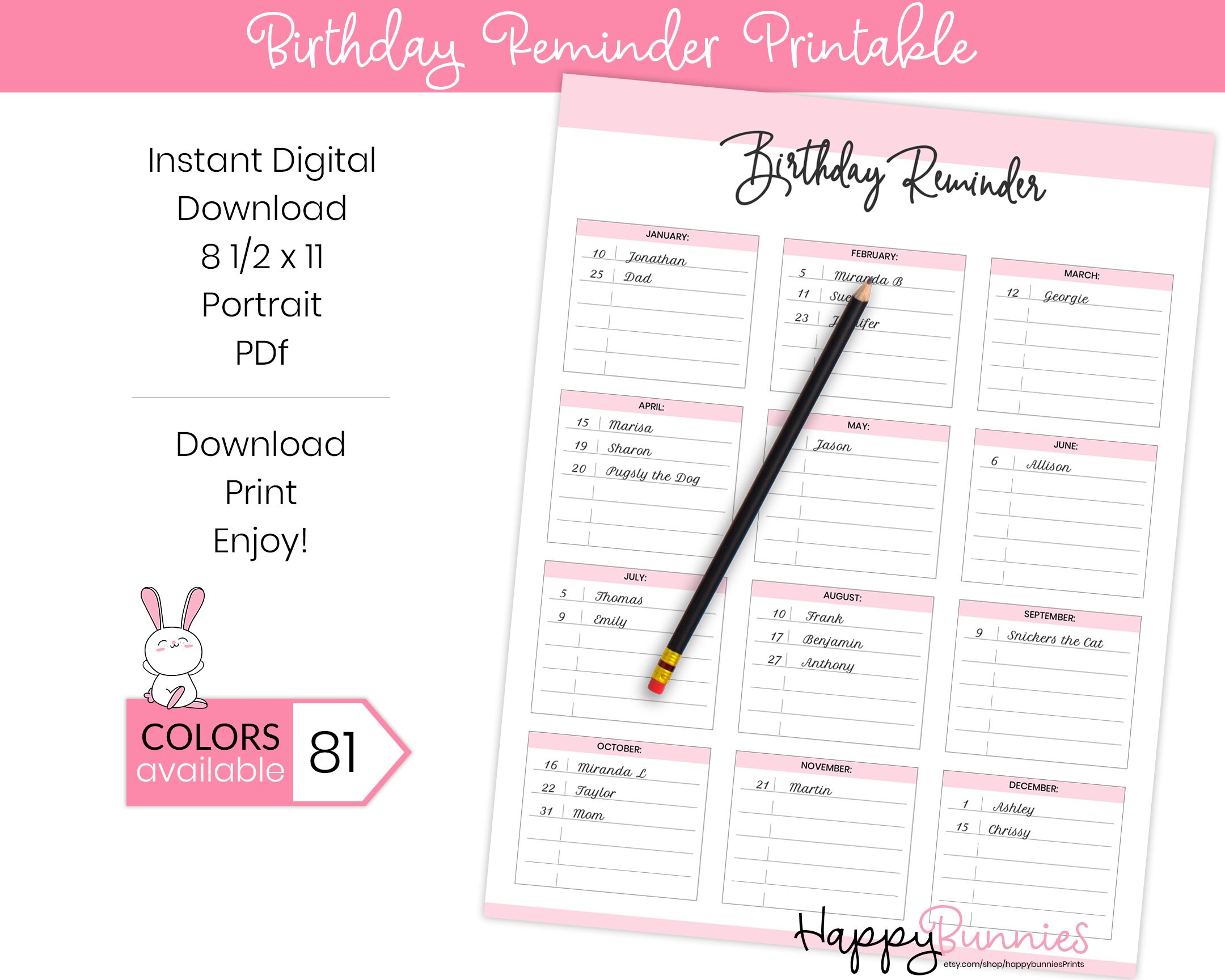 Birthday Reminder Printable Birthday Tracker Printable - Etsy