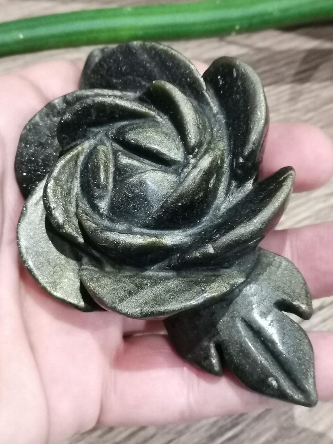 Golden Obsidian -> Natural Stone Sculpture Representing a ROSE, a ...