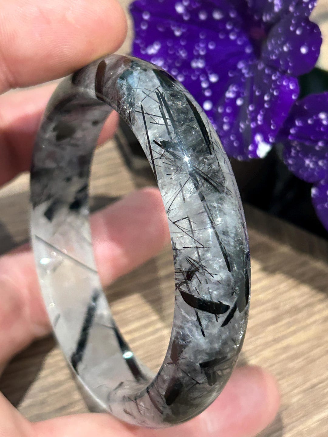 Clear Quartz With Tourmaline Inclusion, Rare Rigid Bangle Bracelet ...