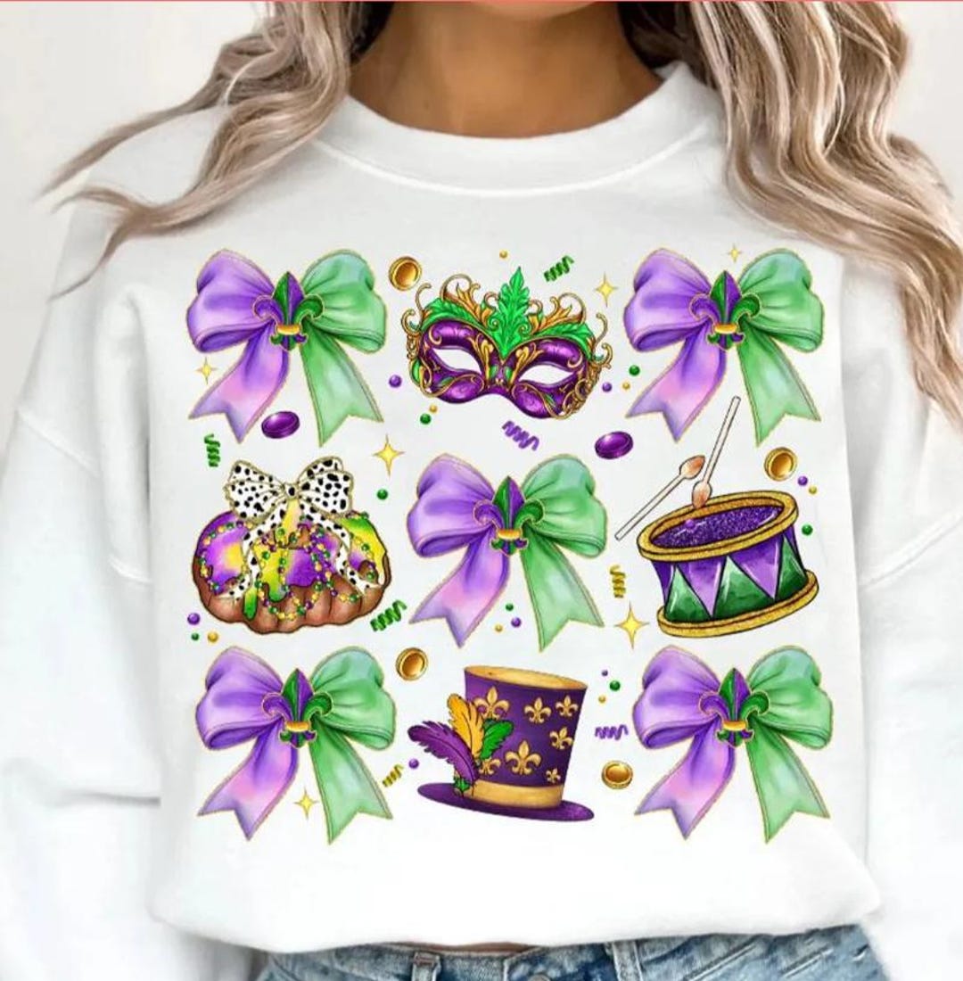 Mardi Gras Coquette Mask Bow King Cake Top Hat Crewneck - Etsy