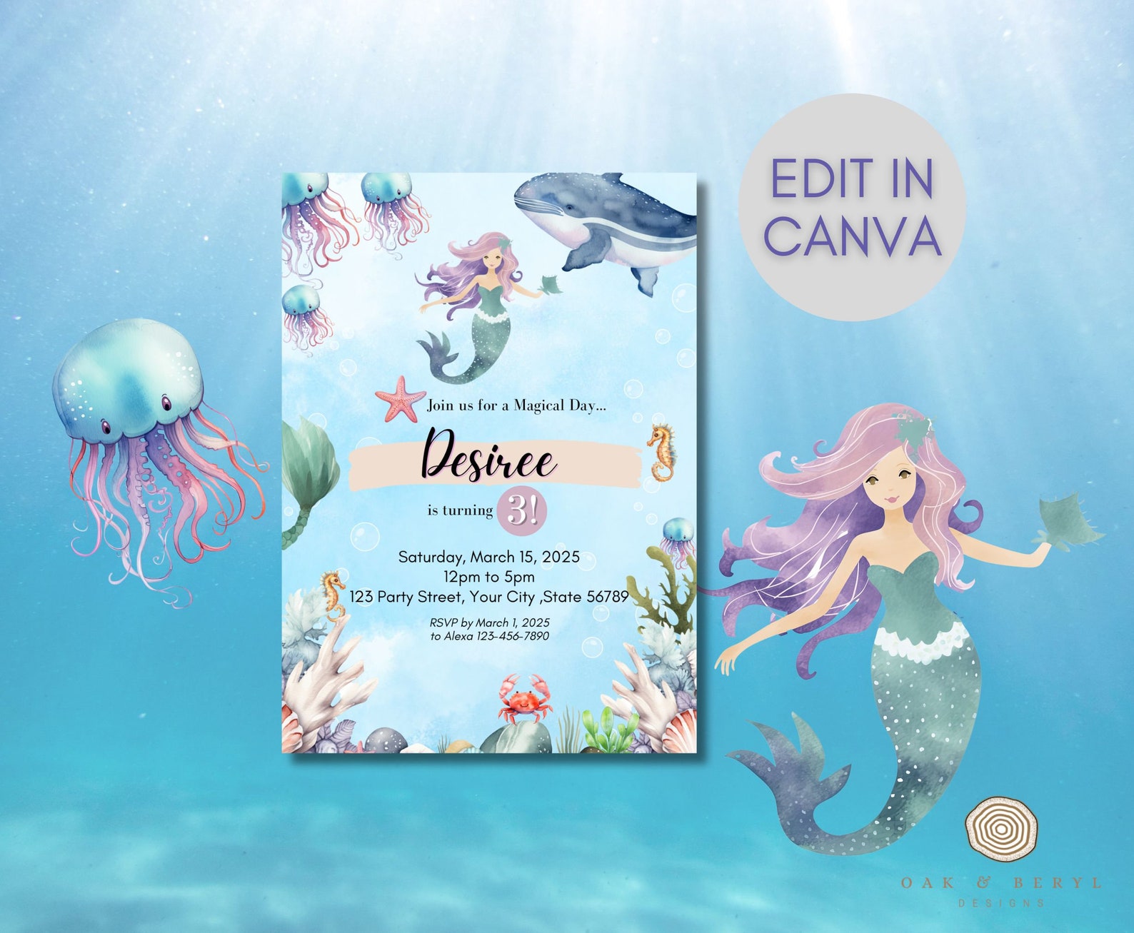 Mermaid Printable Birthday Invitation| Girl's Mermaid Theme Party ...