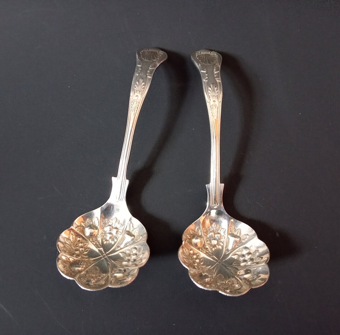 Large Antique Pair of Embossed Silver Plated Fruit Spoons or Jam Spoons ...