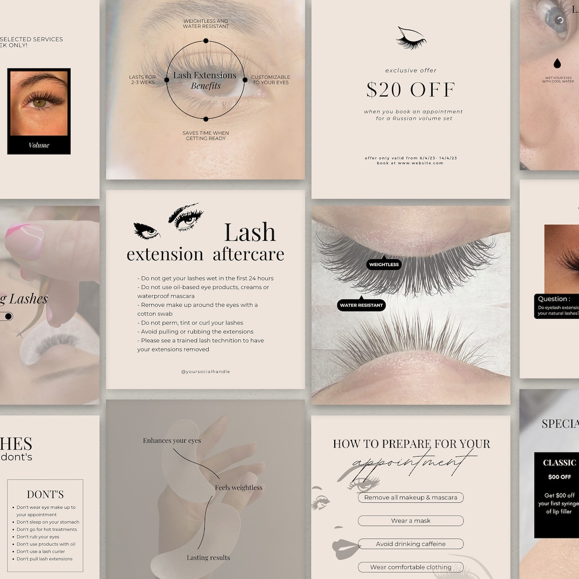 Lash Tech Beige Instagram Post Templates, Lash Artist Templates, Lash ...