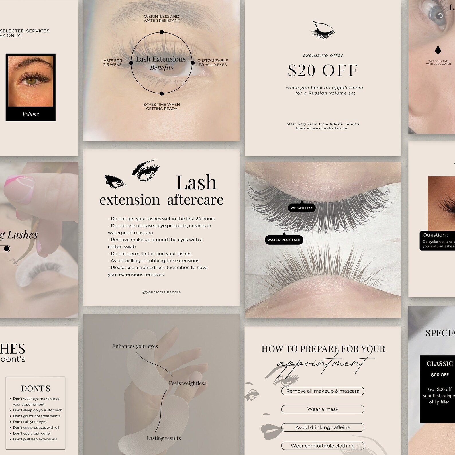 Lash Tech Beige Instagram Post Templates, Lash Artist Templates, Lash ...