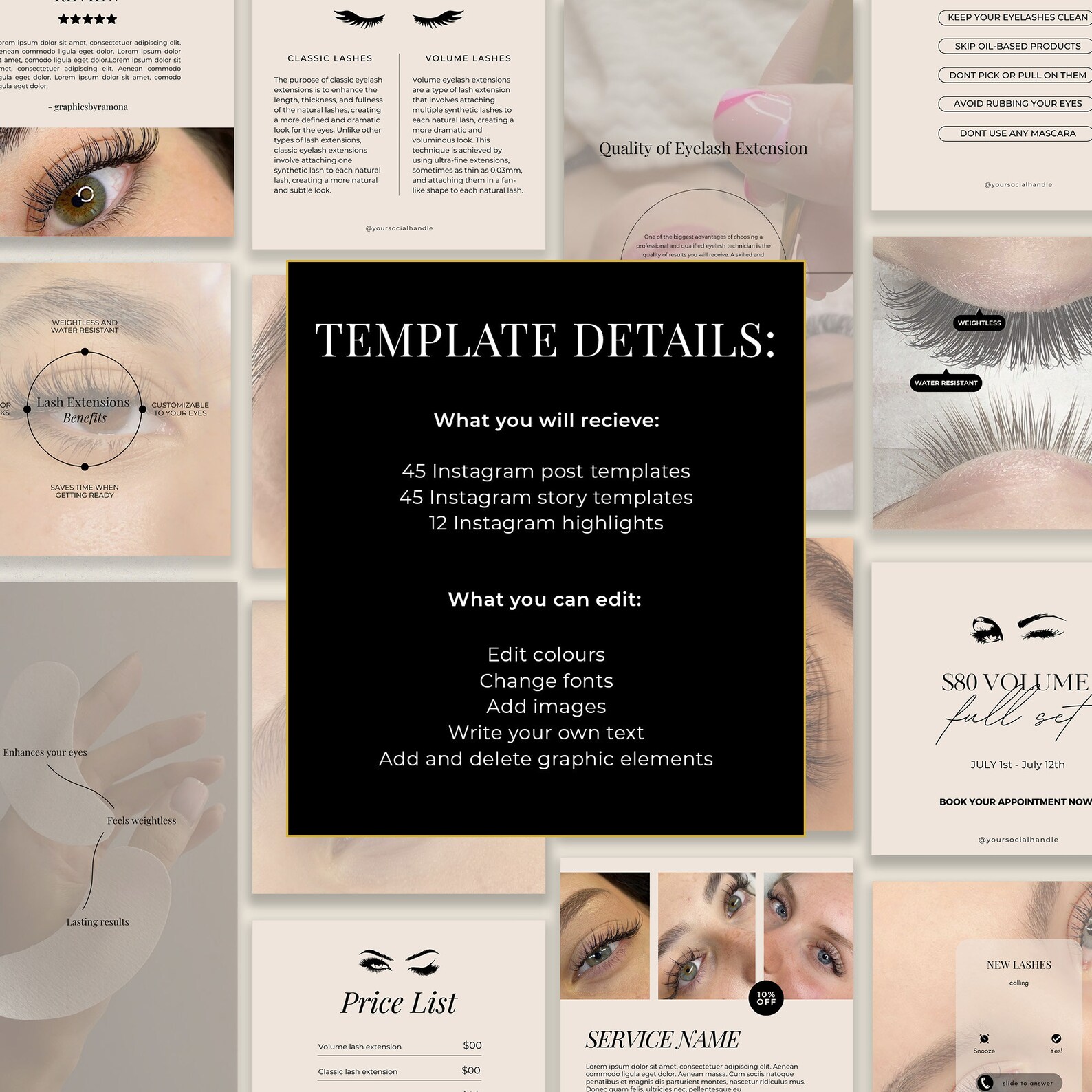 Lash Tech Beige Instagram Post Templates, Lash Artist Templates, Lash ...
