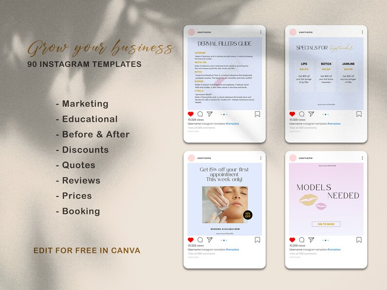 90 Botox and Filler Instagram Post Templates Blue and Gold - Etsy