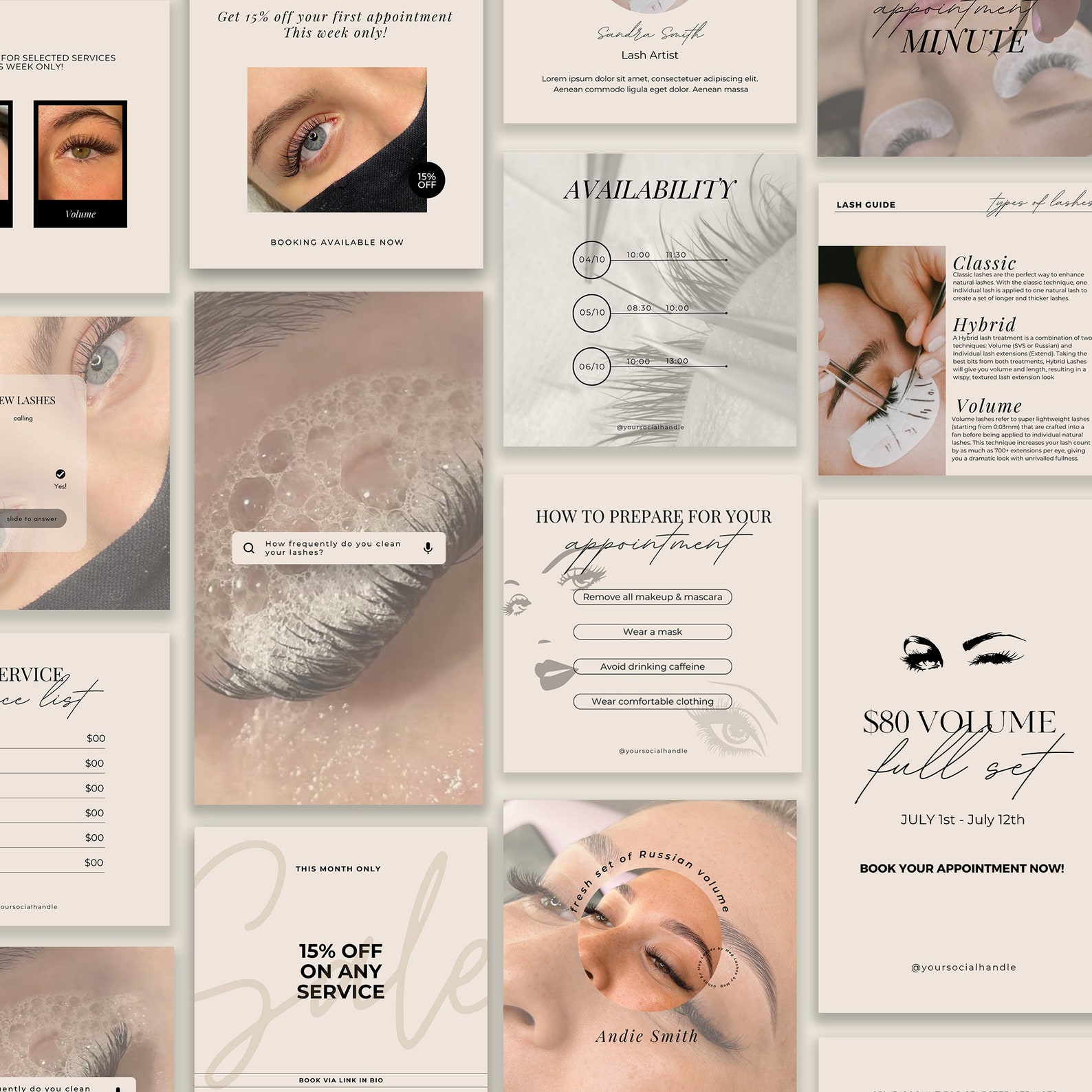 Lash Tech Beige Instagram Post Templates, Lash Artist Templates, Lash ...