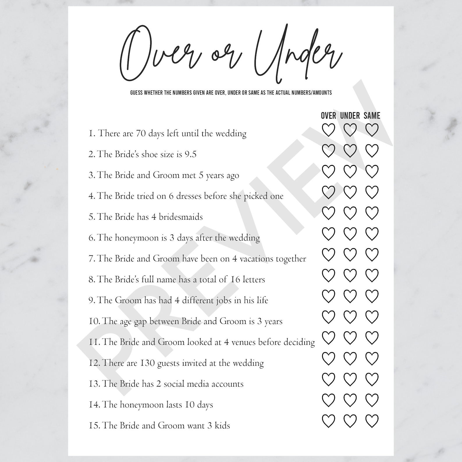 Over Or Under Bridal Shower Game Bachelorette Party Newlywed Games