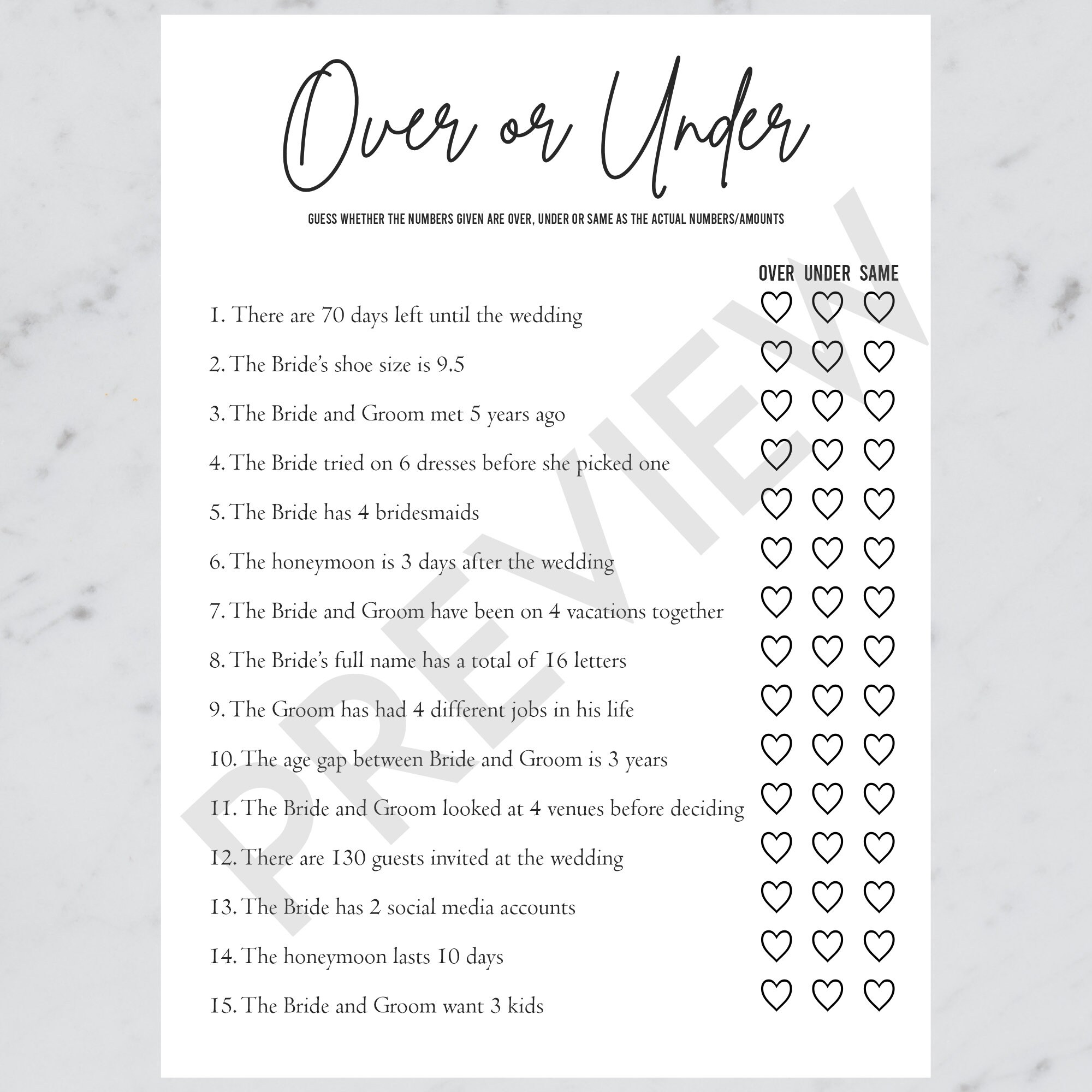 Over Or Under Bridal Shower Game Bachelorette Party Newlywed Games