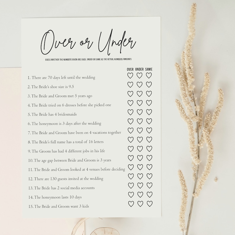 Over Or Under Bridal Shower Game Bachelorette Party Newlywed Games