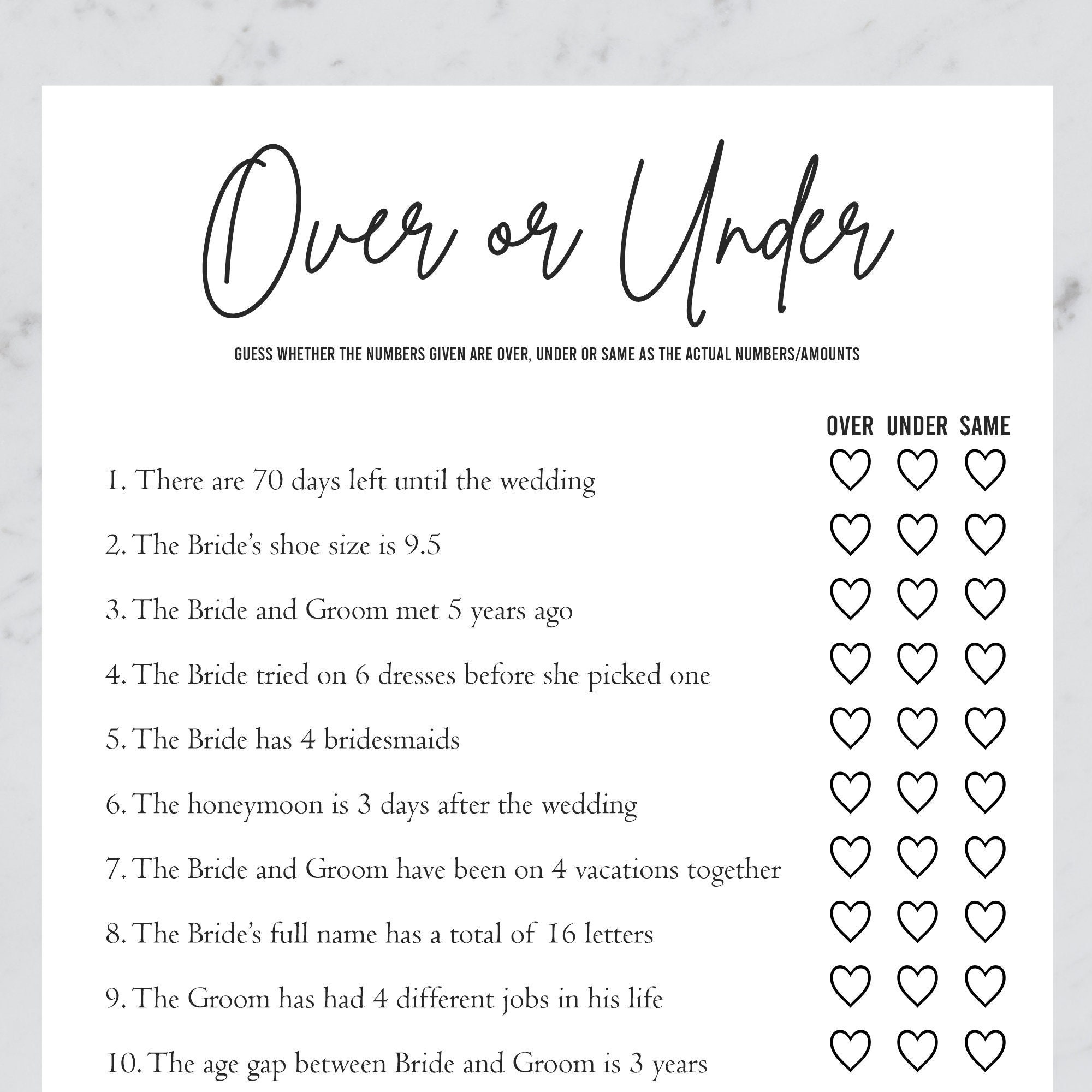 Over or Under Bridal Shower Game, Bachelorette Party, Newlywed Games ...