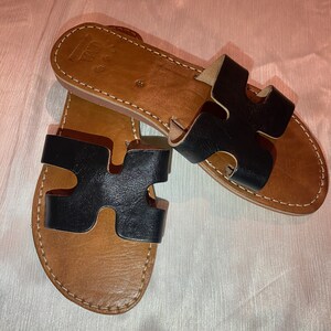 Black Leather Flat H-band Slide Sandals | Handmade in Morocco - Etsy UK