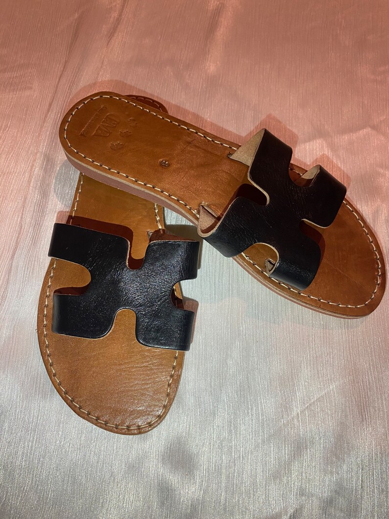 Black Leather Flat H-band Slide Sandals | Handmade in Morocco - Etsy UK