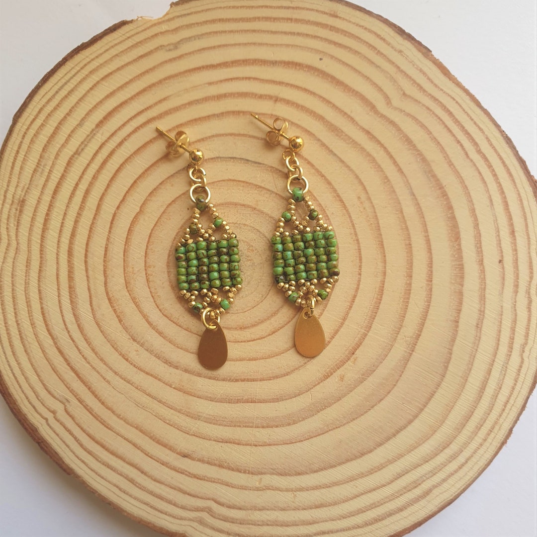 Square Teardrop Green and Gold Beaded Earrings - Etsy