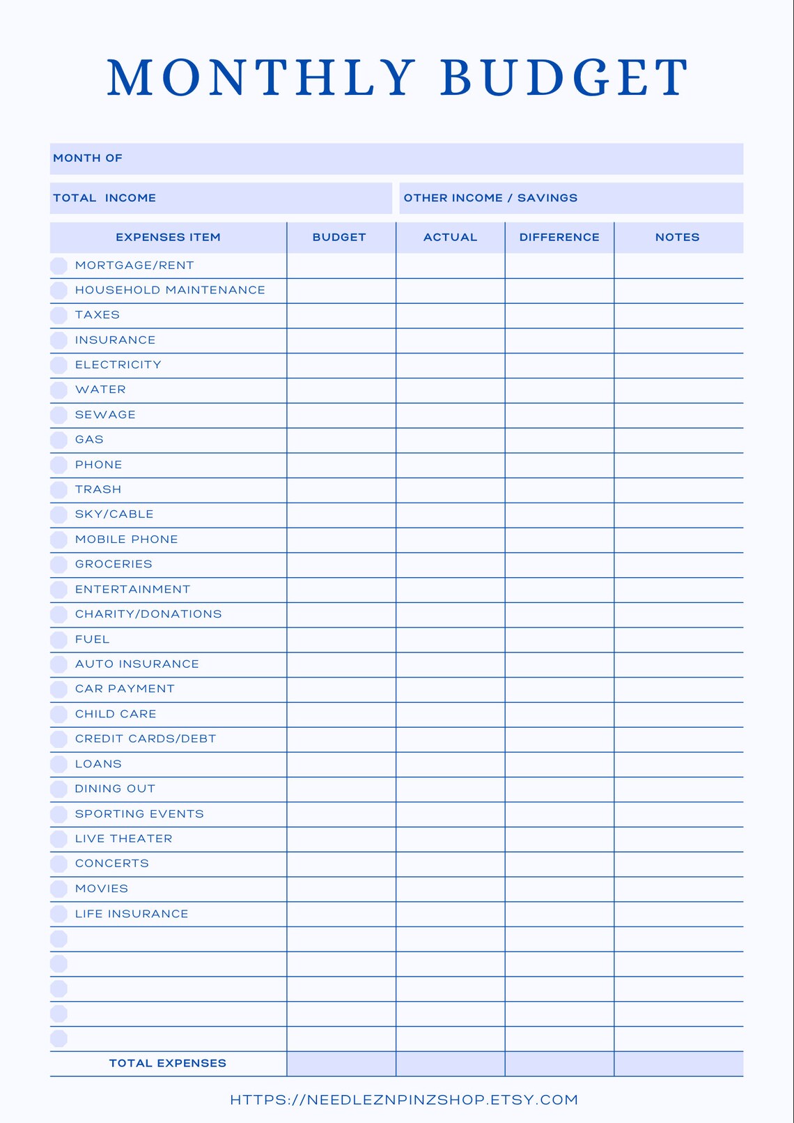 Digital Monthly Budget - Etsy