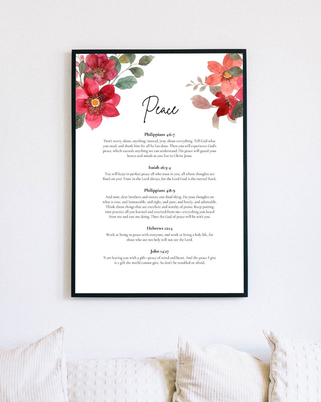 Peace Bible Verses, Pink Greenery Plants Flower Wall Art Decor ...