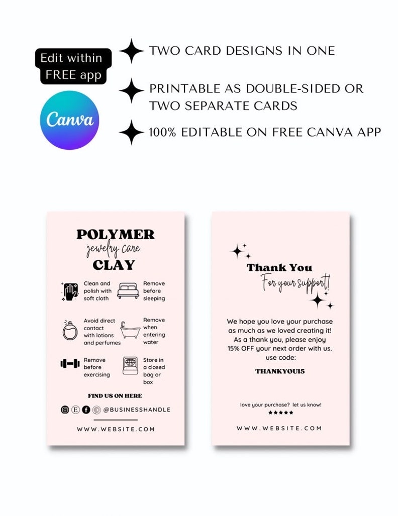 Editable Polymer Clay Jewelry Care Card Template | Customizable Jewelry ...