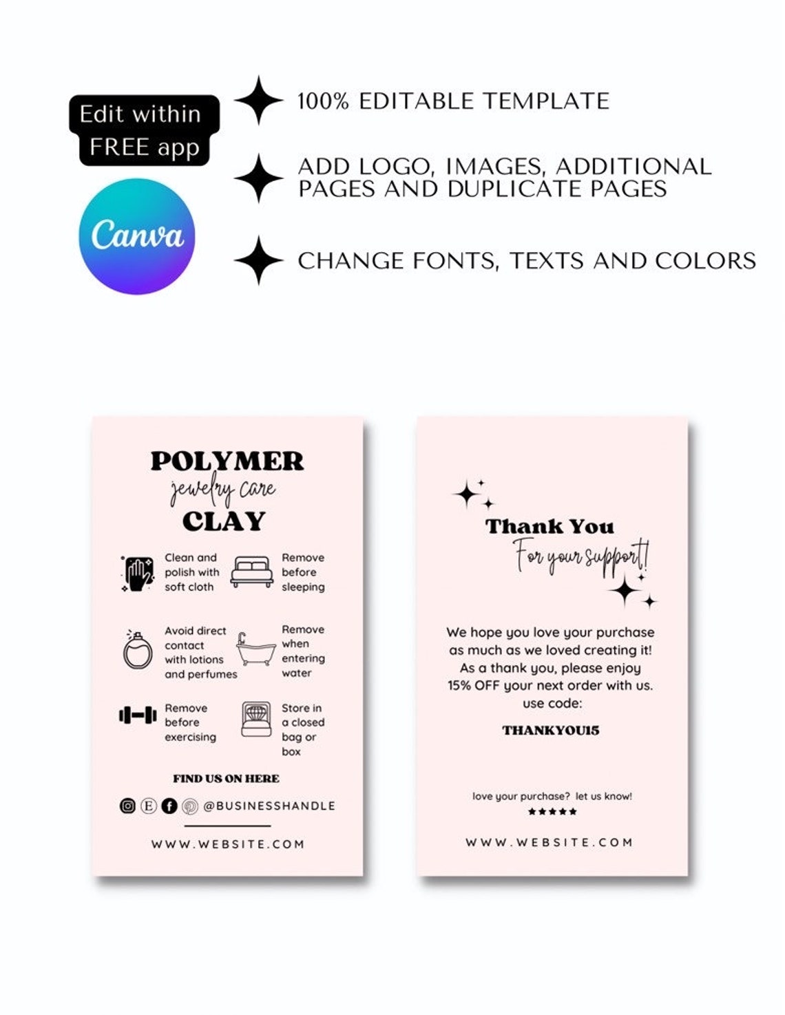 Editable Polymer Clay Jewelry Care Card Template | Customizable Jewelry ...