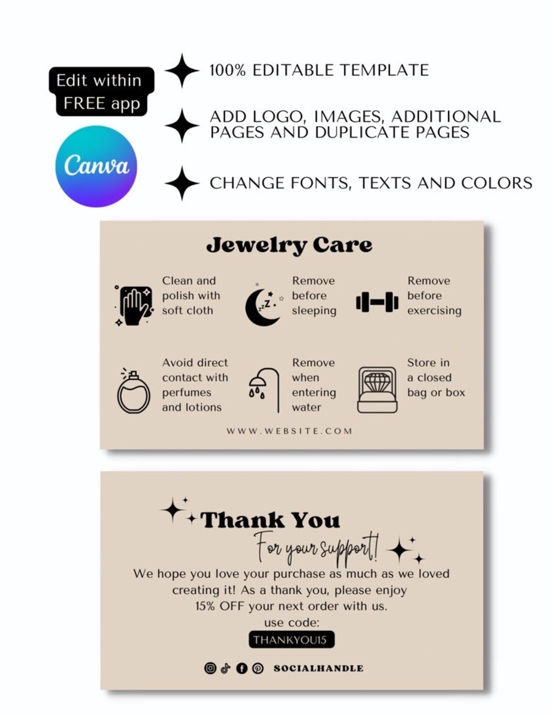 Editable Jewelry Care Card Template Customizable Jewelry - Etsy