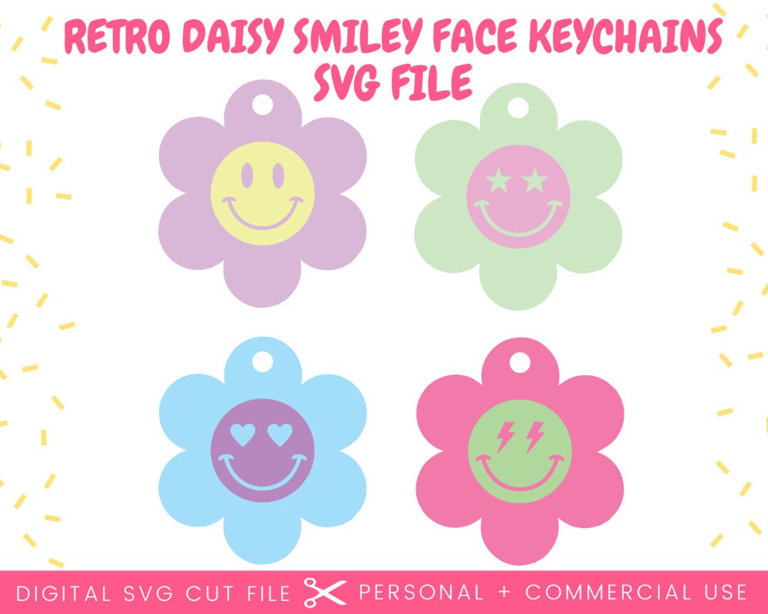 Retro Daisy Smiley Face Keychain SVG | Smiley Daisy Tag SVG | Retro ...