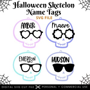 Halloween Skeleton Name Tag SVG Files: Bat, Pumpkin, Spiderweb (digital ...