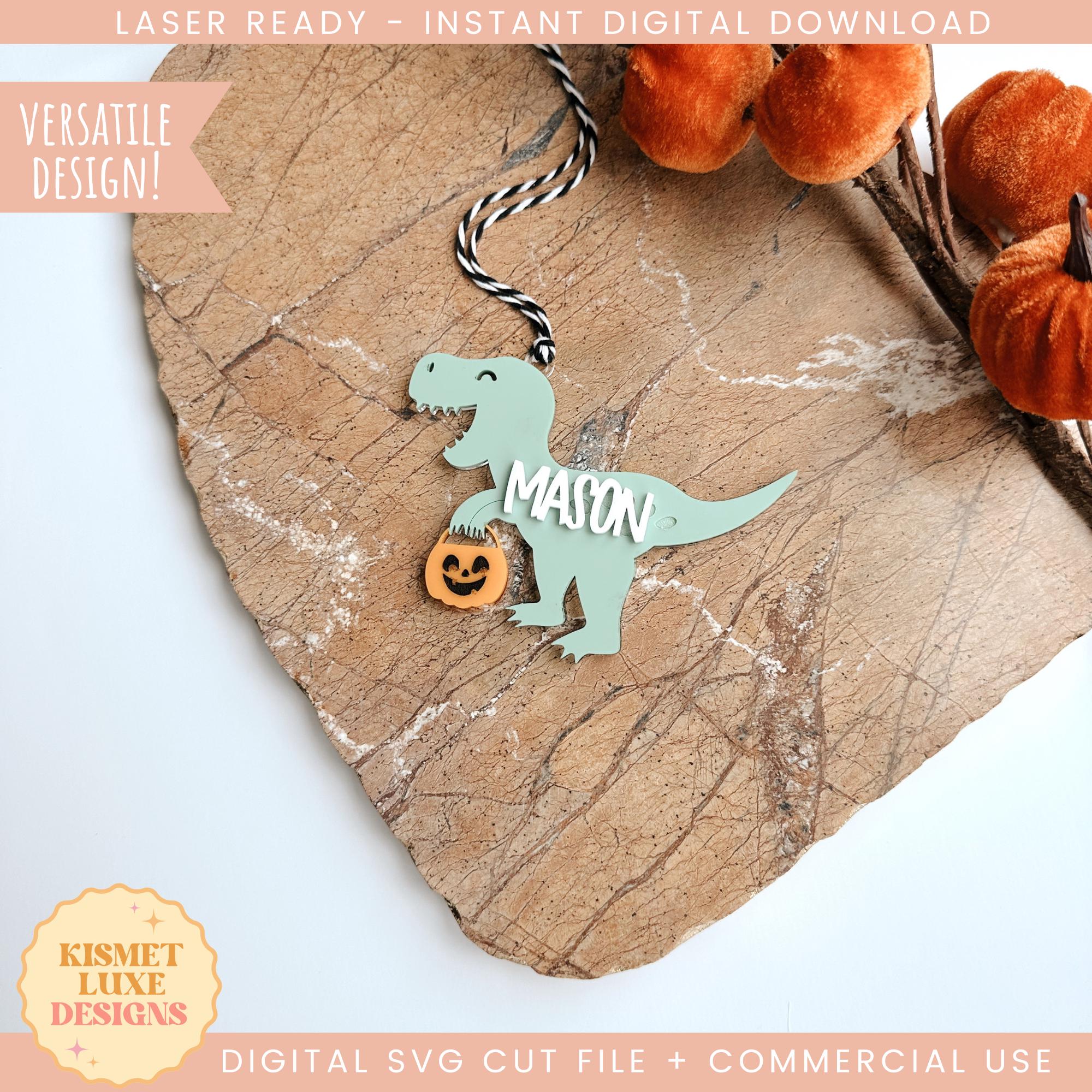 Halloween Dinosaur Pumpkin Name Tag SVG File: Laser Cut Design (digital ...
