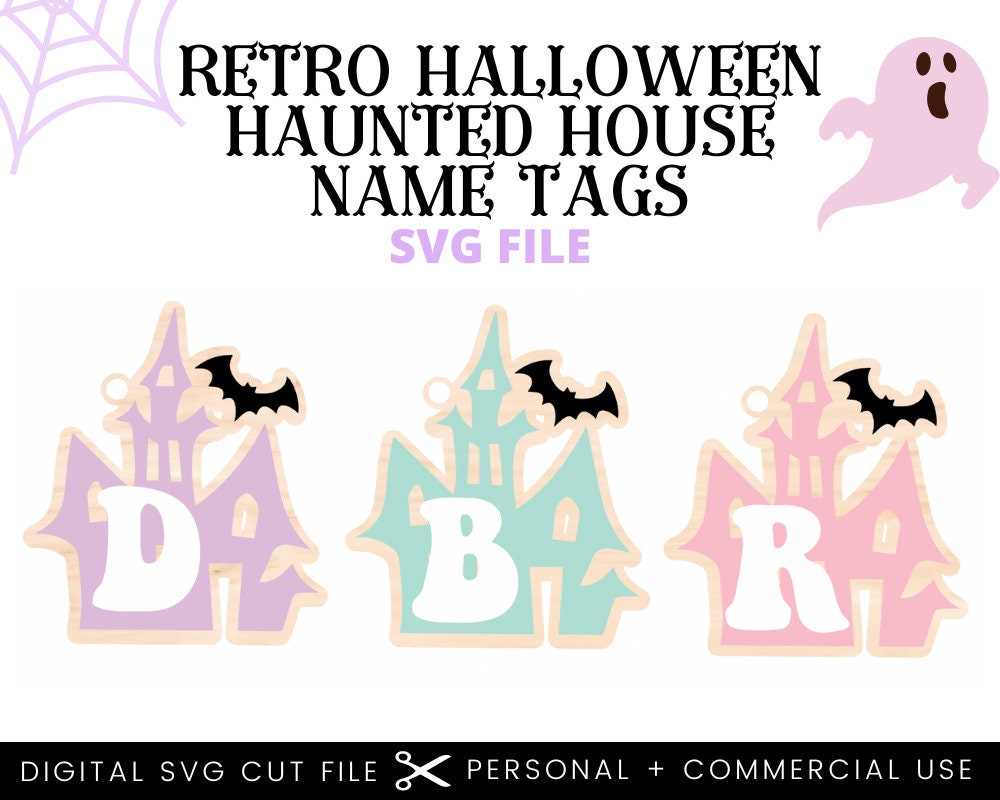 Halloween Haunted House Name Tag SVG File: Retro Laser Cut Tag (digital ...