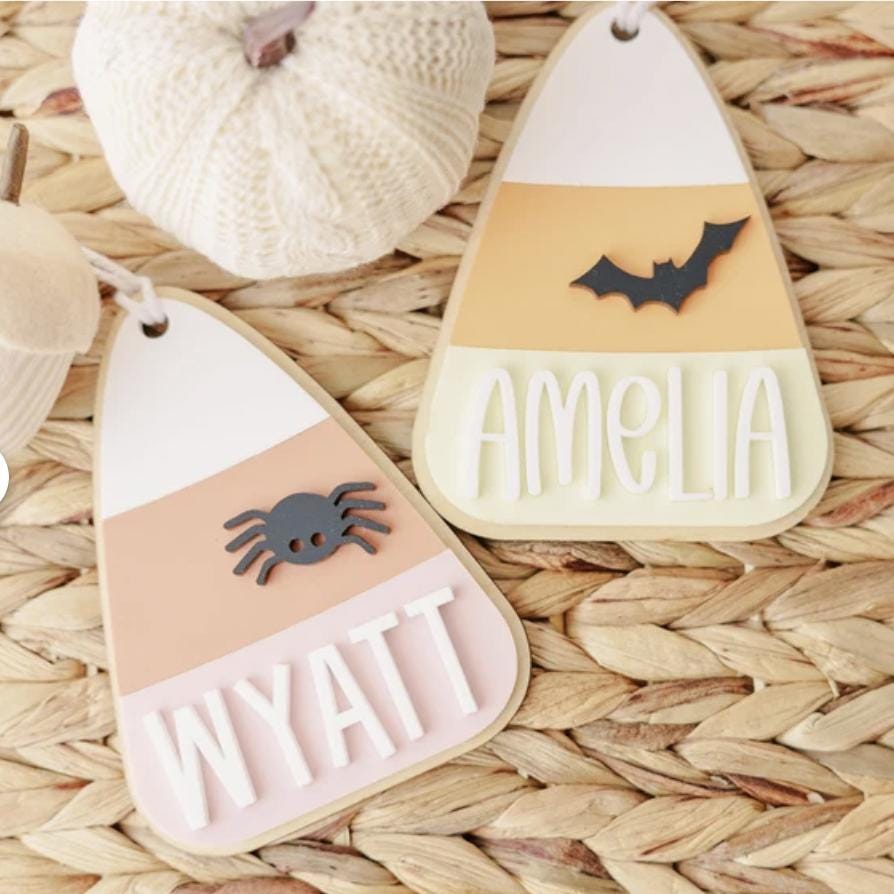Halloween Candy Corn Name Tag SVG Files: Bat, Spiderweb, Ghost (digital ...