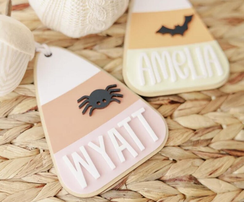 Halloween Candy Corn Name Tag SVG Files: Bat, Spiderweb, Ghost (digital ...
