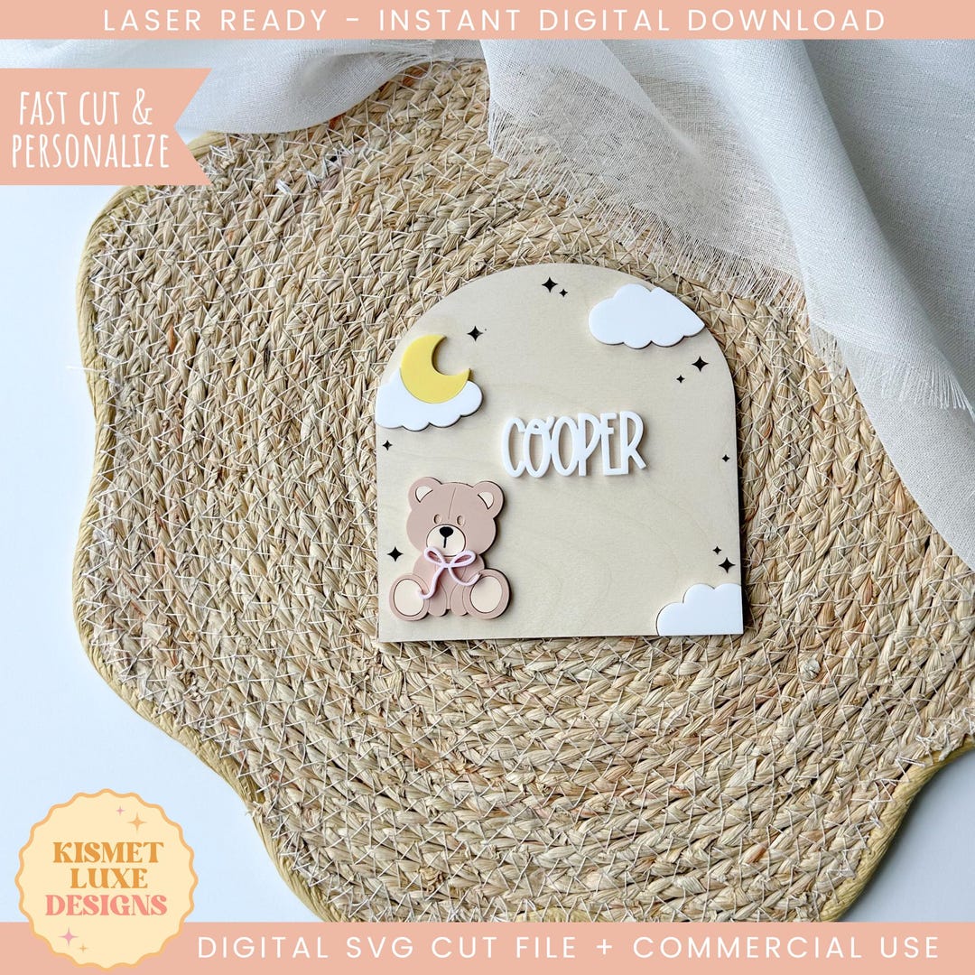 Teddy Bear Cloud Baby Name Sign SVG: Laser Cut File (digital Download ...