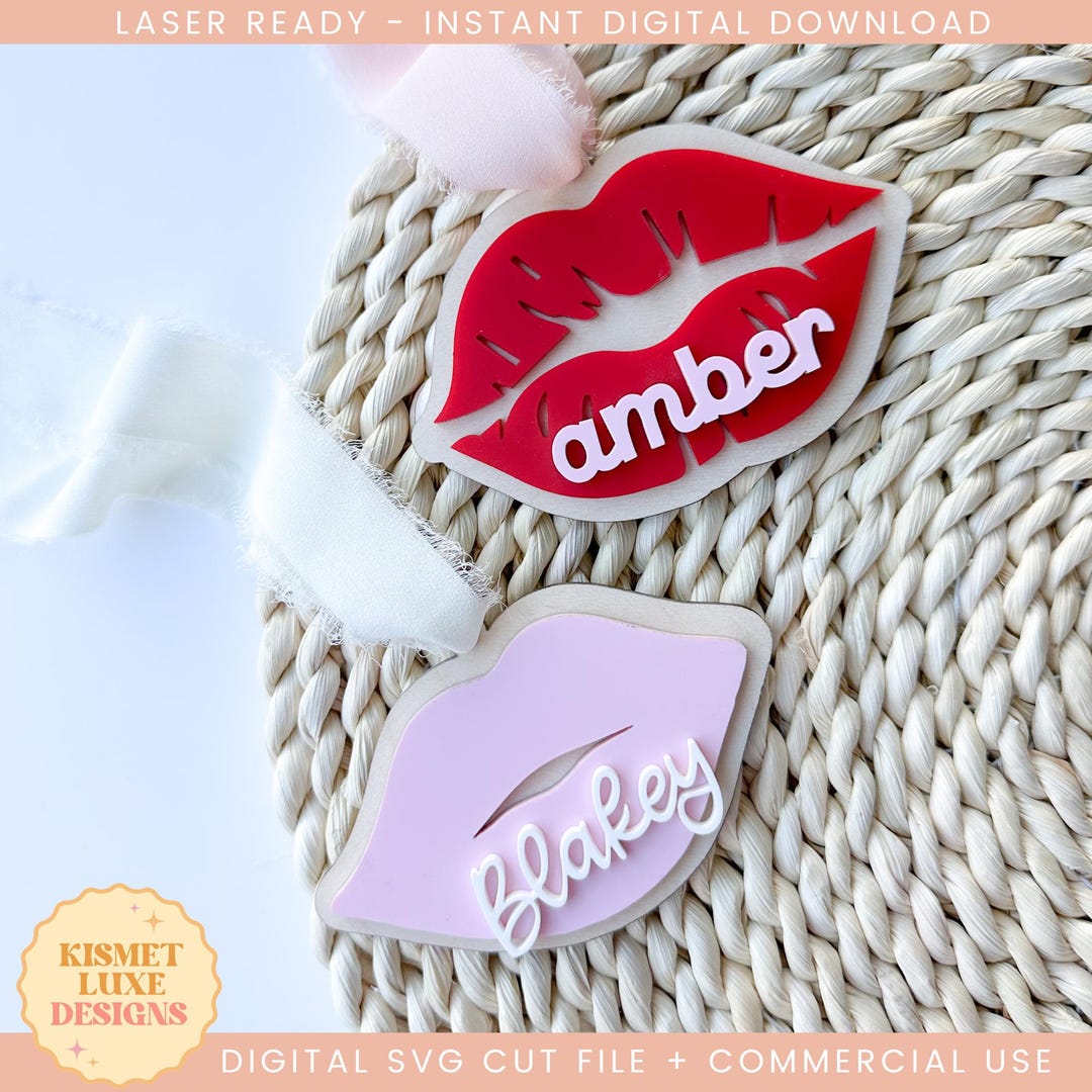 Valentine's Kiss Lips Name Tag SVG: Glowforge Love Initial Tag (digital ...