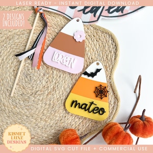 Halloween Candy Corn Name Tag SVG Files: Bat, Spiderweb, Ghost (digital ...