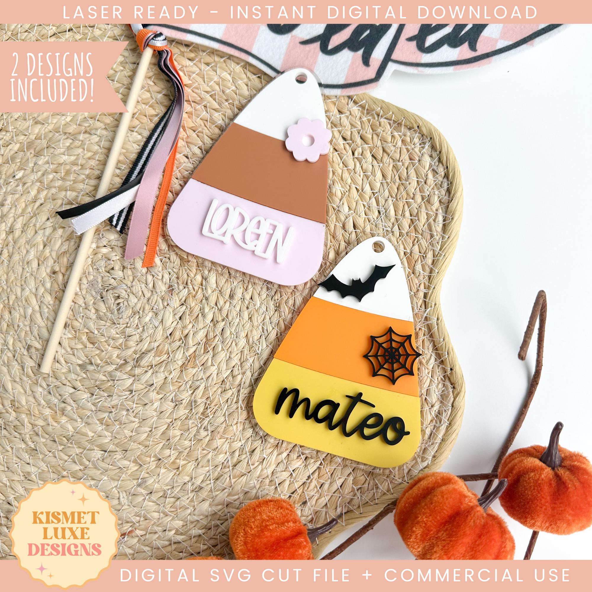 Halloween Candy Corn Name Tag SVG Files: Bat, Spiderweb, Ghost (digital ...