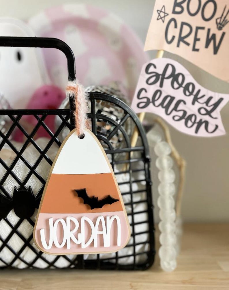 Halloween Candy Corn Name Tag SVG Files: Bat, Spiderweb, Ghost (digital ...