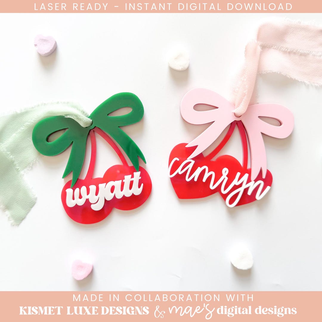Cherry Bow Name Tag SVG: Preppy Coquette Laser Cut File (digital ...