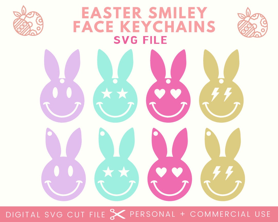 Easter Smiley Face Bunny Ear Keychain SVG | Smiley Bag Tag SVG | Retro ...