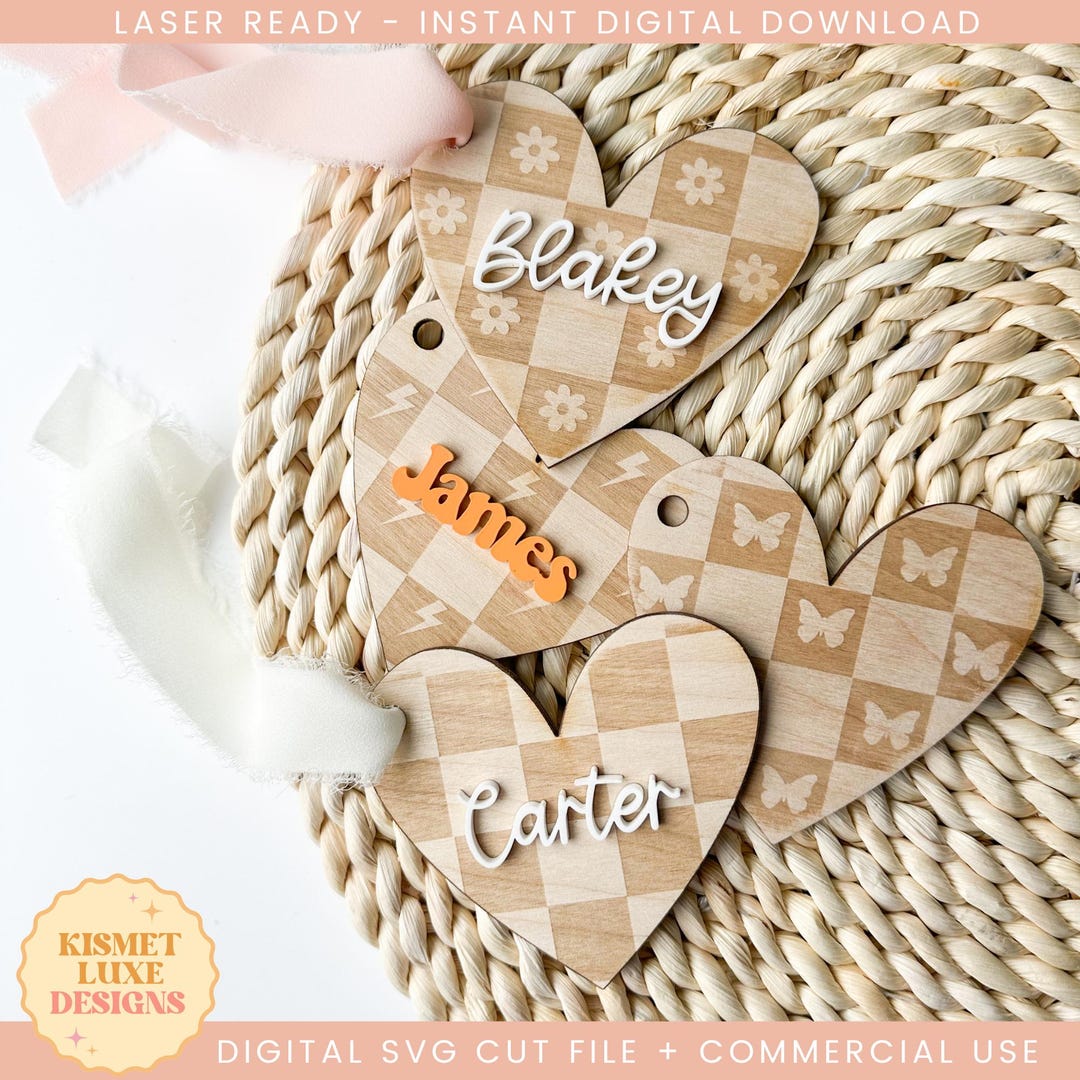 Valentine's Day Retro Checkered Name Tag SVG | Glowforge Heart Tag Svg ...