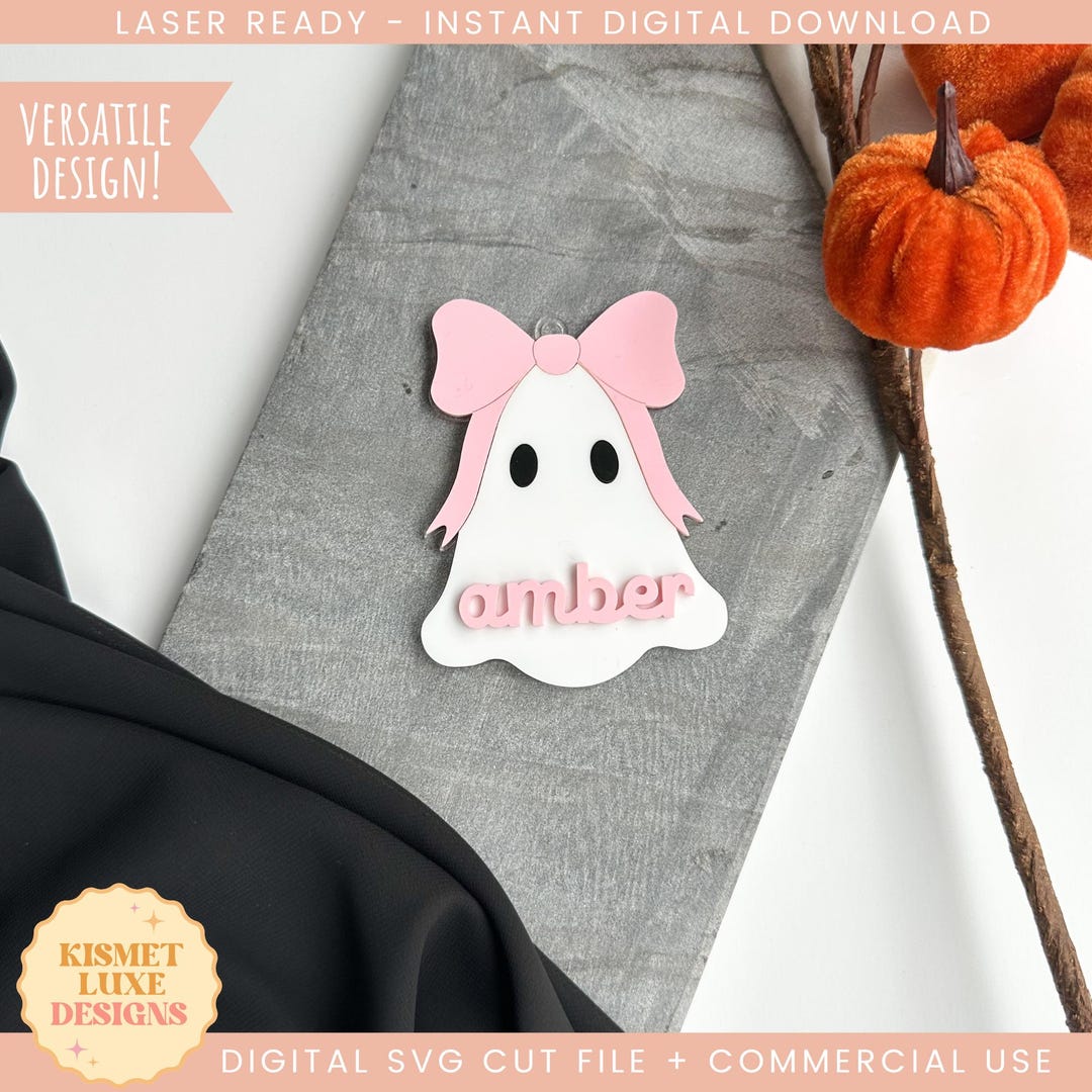 Coquette Ghost Name Tag SVG File: Halloween Bow Design (digital ...