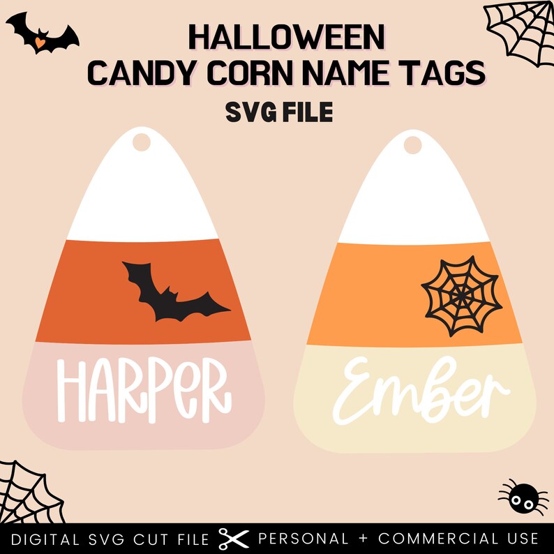 Halloween Candy Corn Name Tag SVG Files: Bat, Spiderweb, Ghost (digital ...
