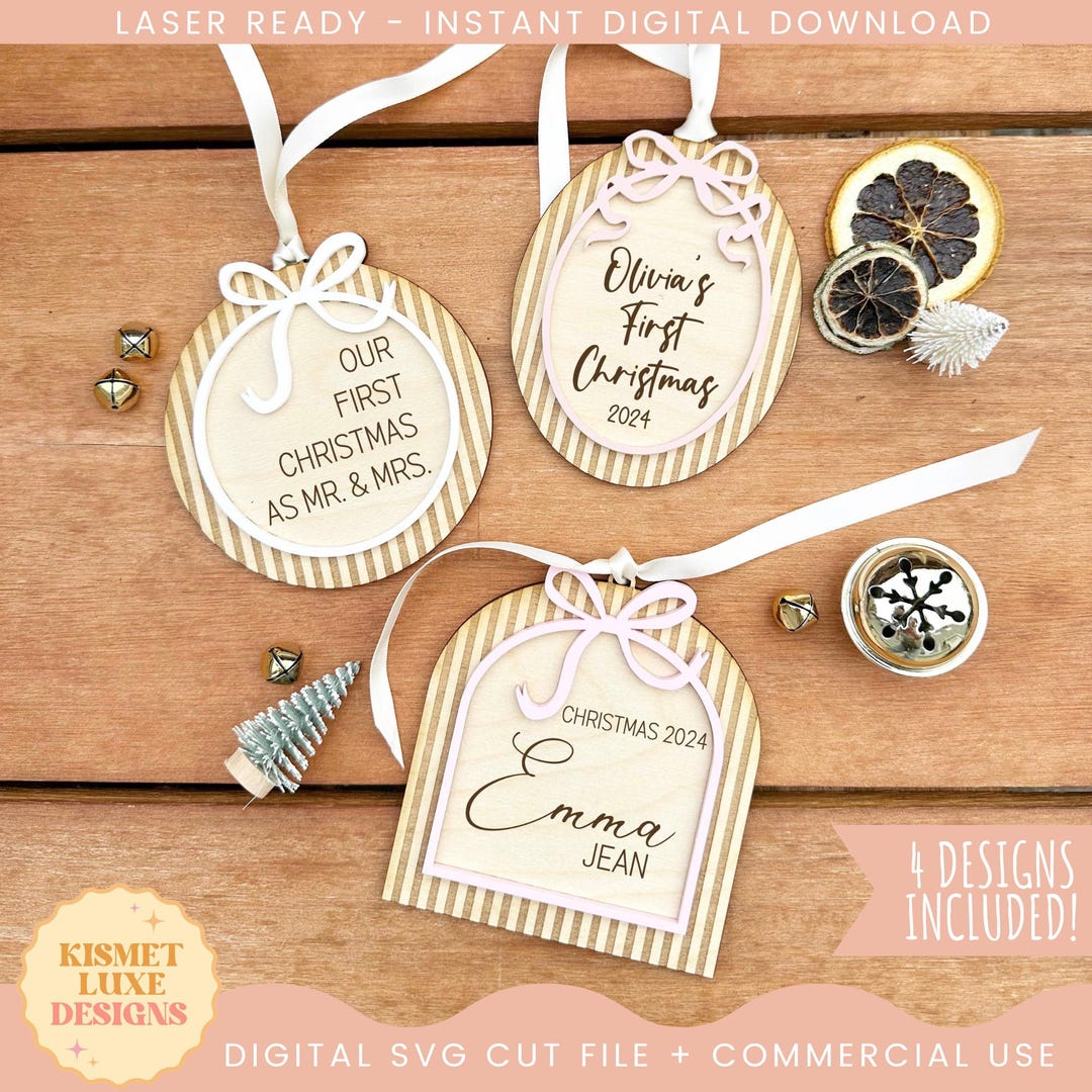Christmas Ornament Bow Name Tags SVG: Glowforge Laser Cut File (digital ...