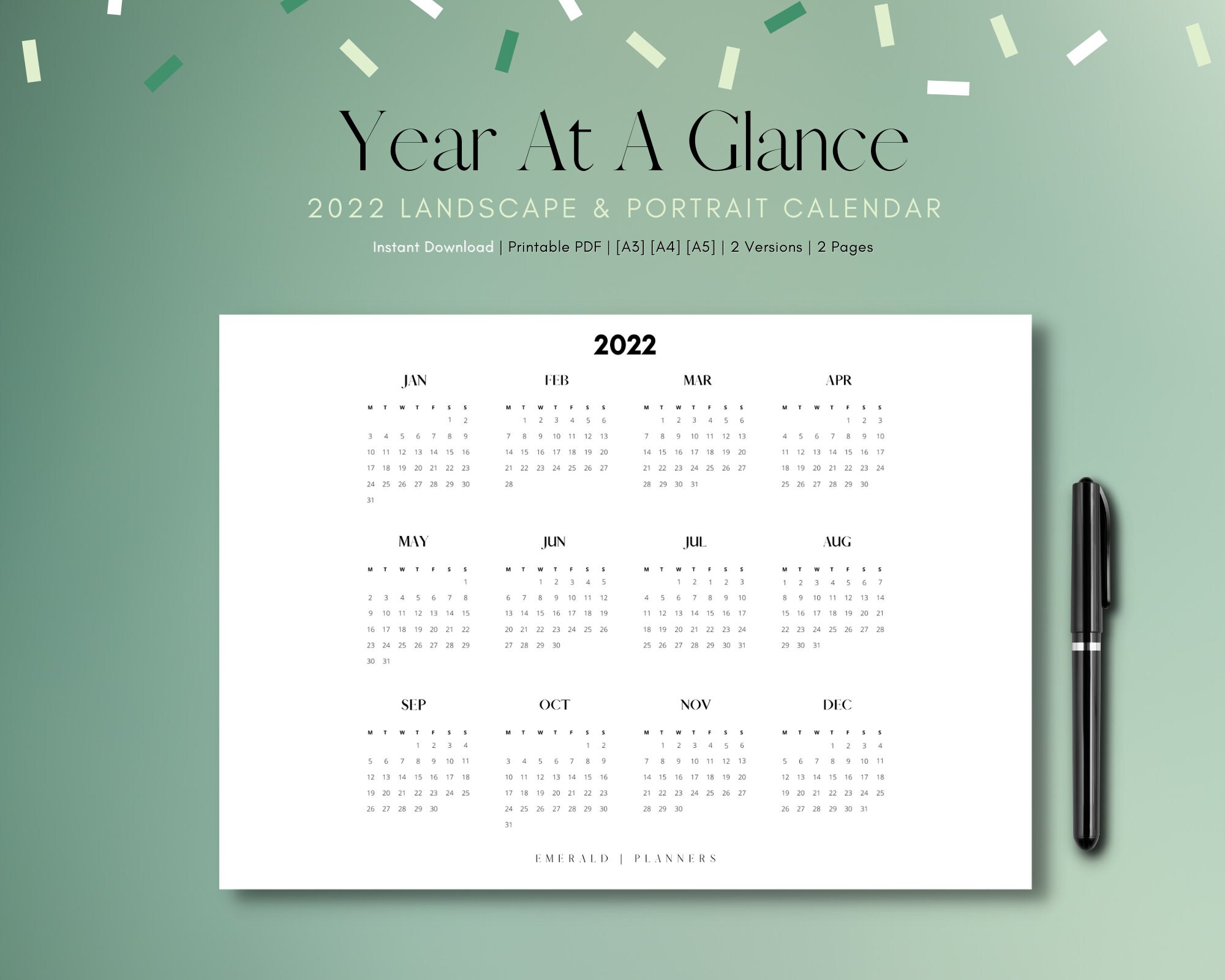 2022 Year at A Glance Calendar | Landscape | Overview | Monday to ...